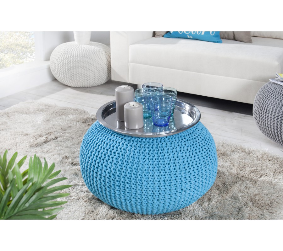 Moderná okrúhla čalúnená modrá taburetka Stool s pletenou podstavou 45 ...